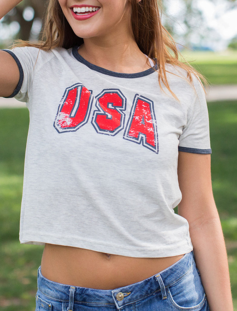 Ladies 'USA' Cropped Ringer Tee – United Tees